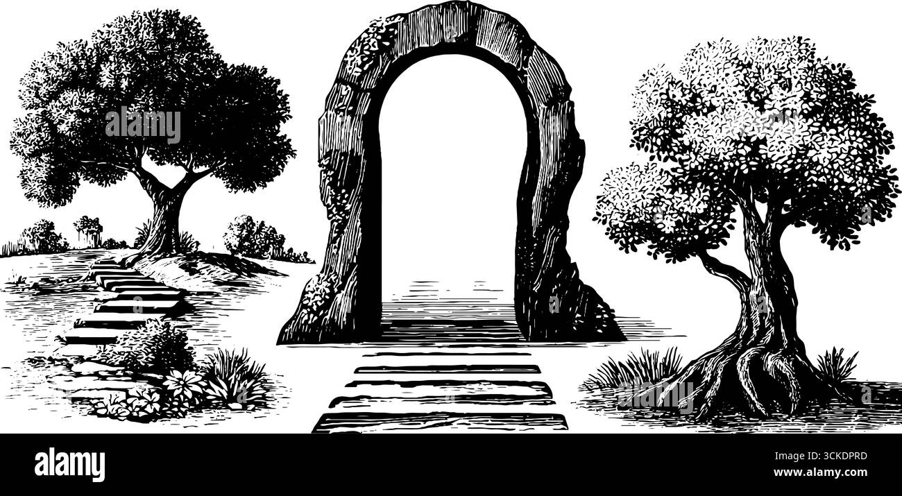 Vintage engraved illustration set of tree arch gateway for retro design ...