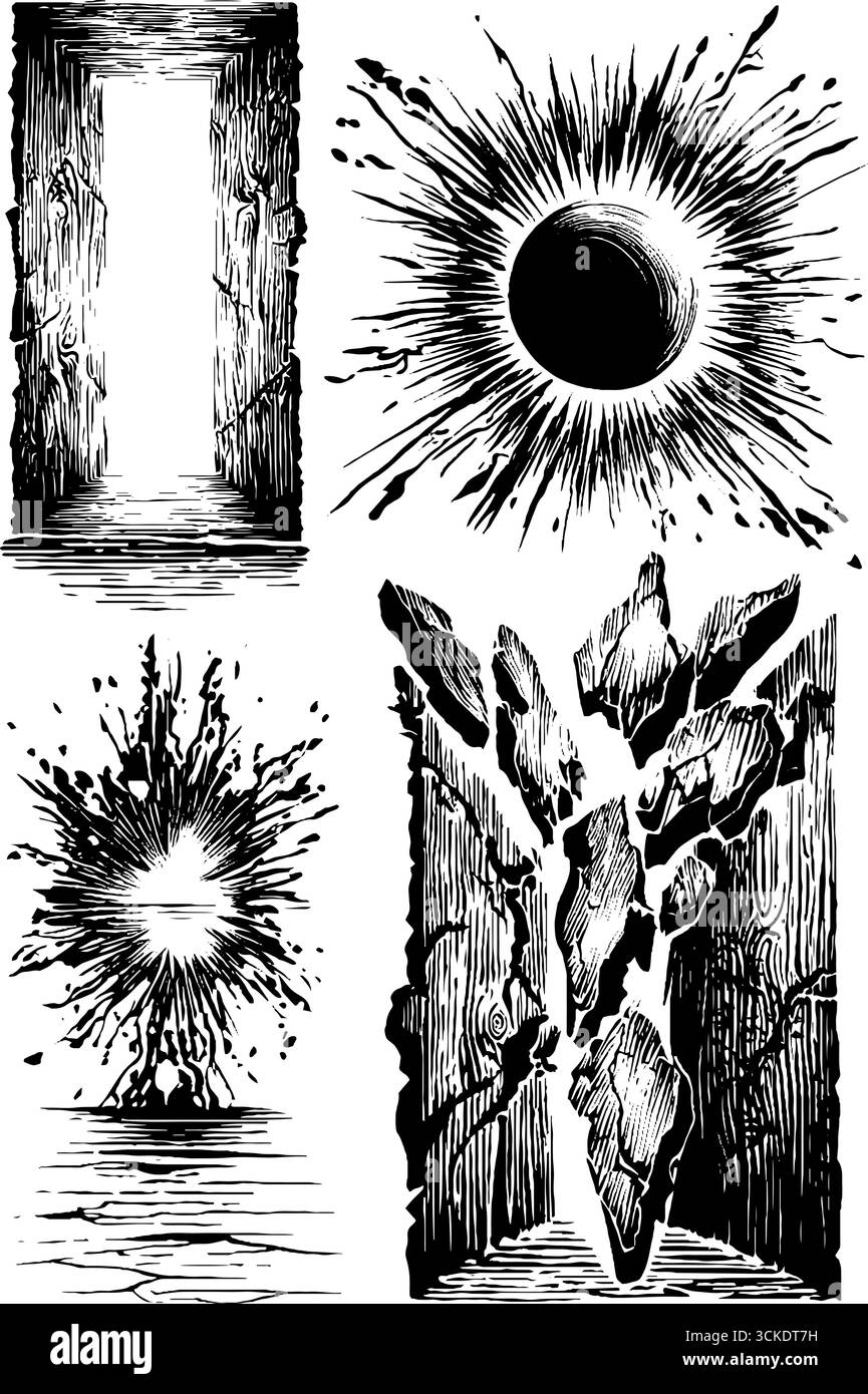 Engraved illustration set of vertical crystal gate and abstract designs ...