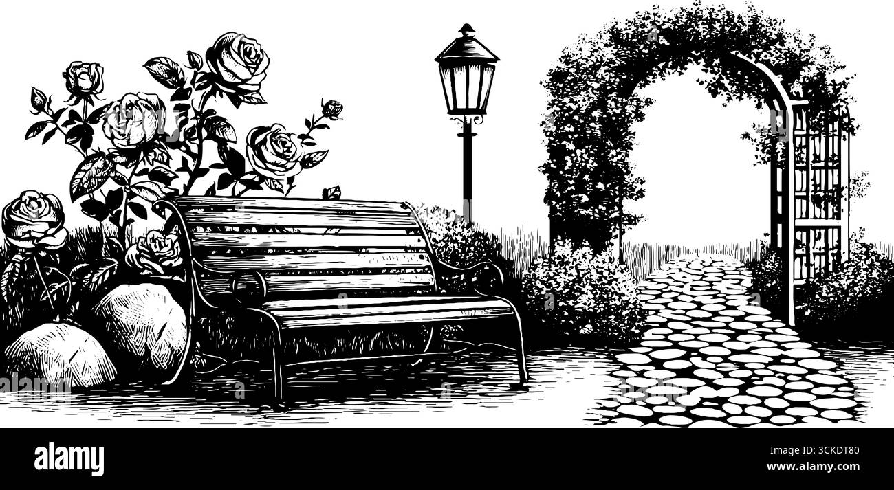 Vintage garden scene wrought Stock Vector Images - Alamy