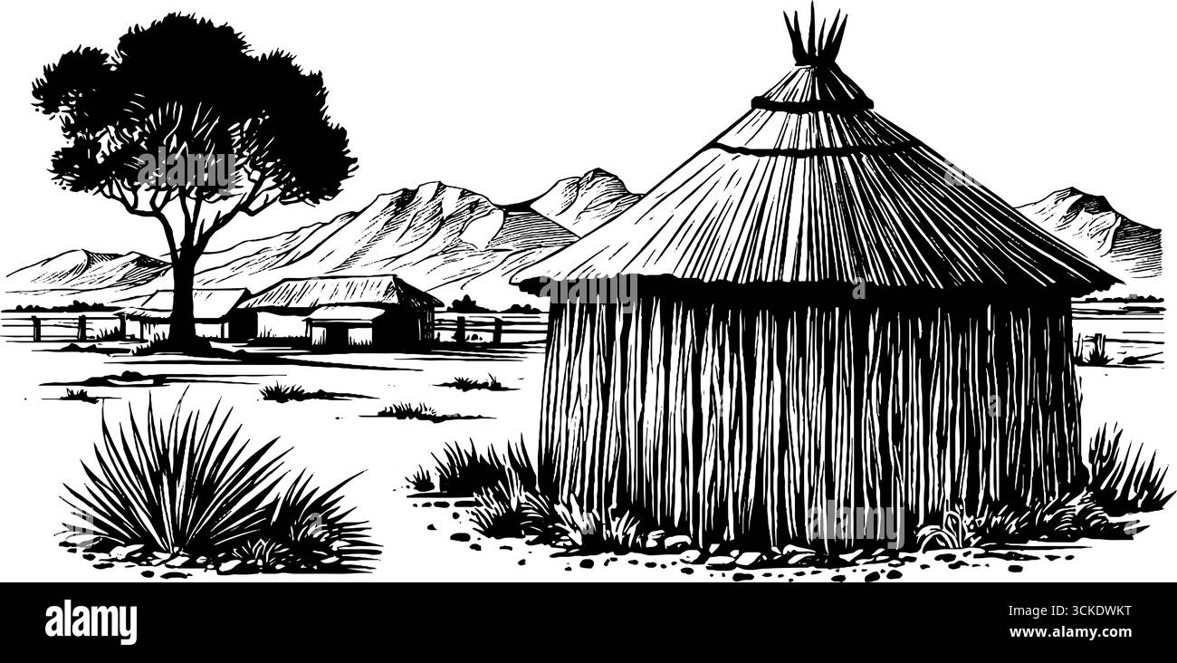 Traditional zulu rondavel roof design engraving for cultural and ...