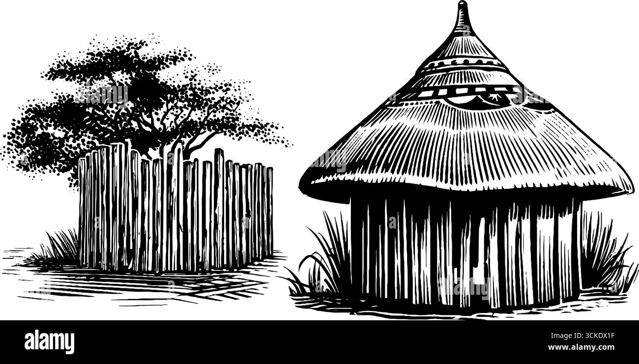 Traditional zulu rondavel and fence engraved illustration set for ...
