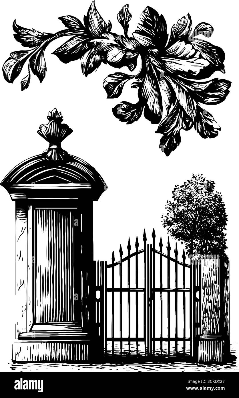 Vintage engraved illustration of wrought iron gate with decorative ...
