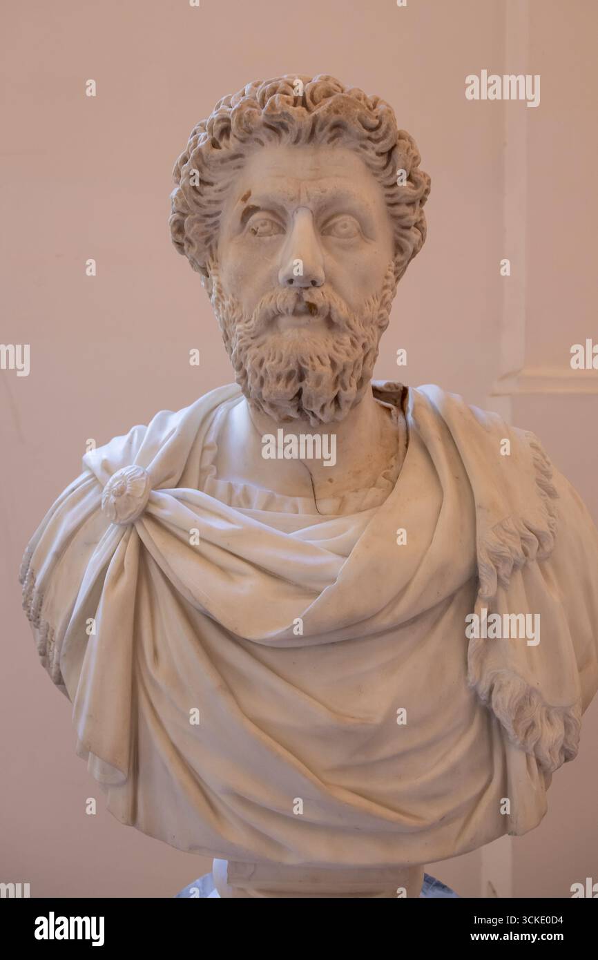 NAPLES, ITALY – JUNE 26 2025: Marble bust of Roman Emperor Marcus ...