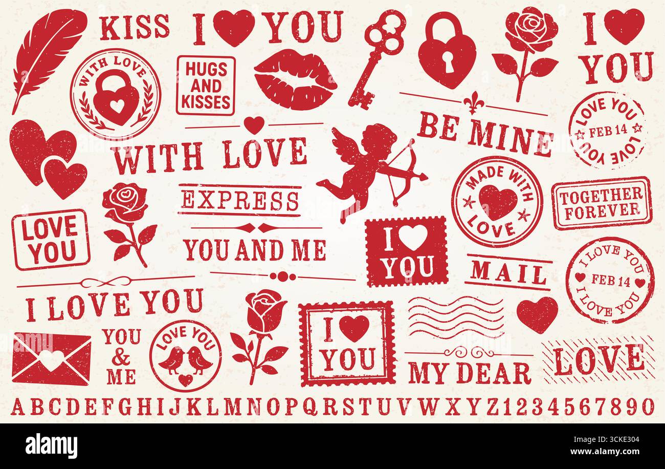 Vintage Love And Romance Grunge Stamp Vector Set. Includes Hearts ...