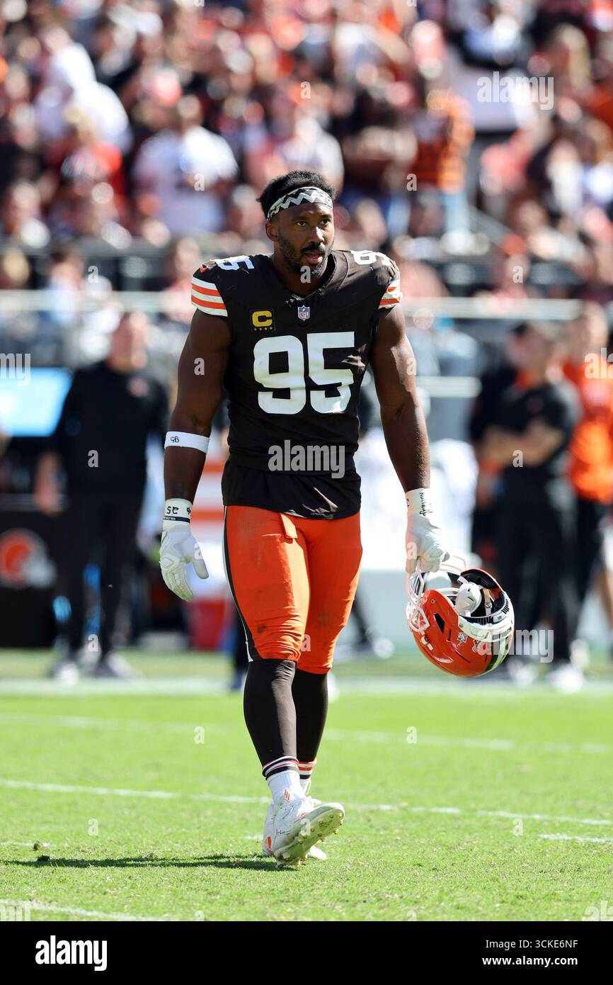 Cleveland Browns defensive end Myles Garrett (95) stands on the field ...