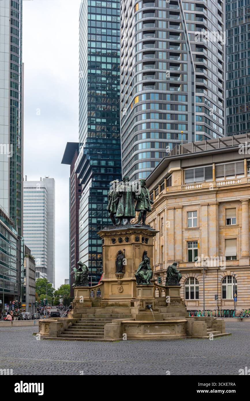 The Johannes Gutenberg Monument in front of the skyline, Frankfurt ...