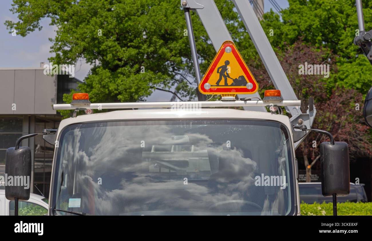 Road Works Sign Amber Dome Lights at Top of Crane Truck Construction ...