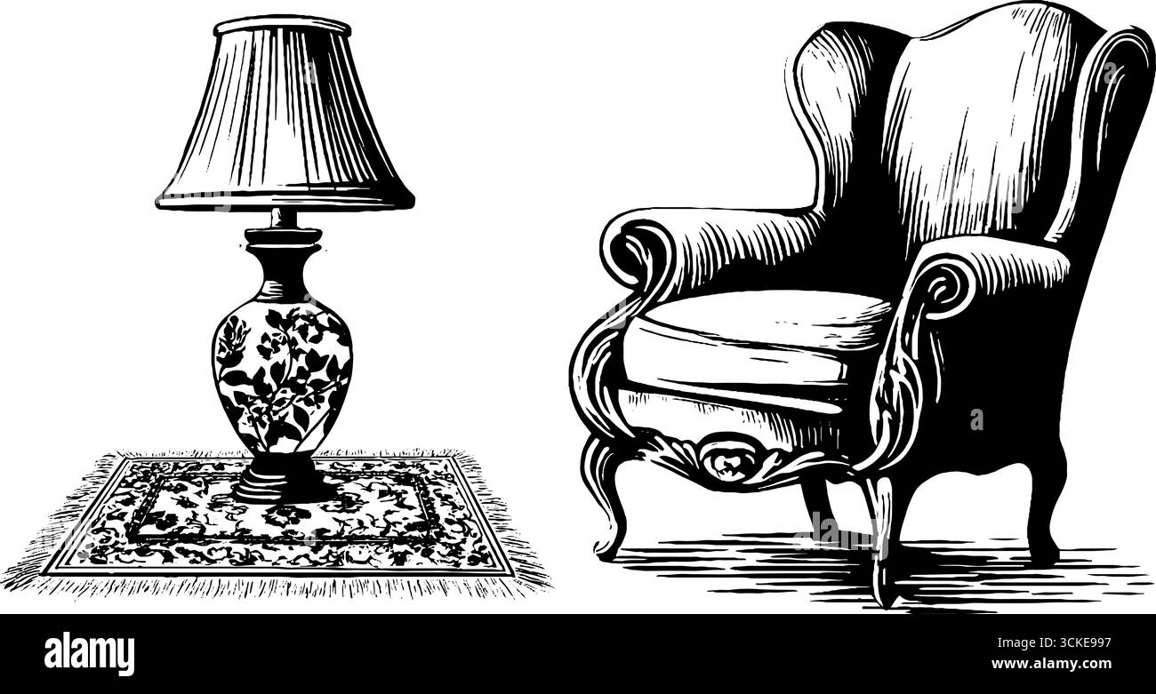 Vintage engraved illustration of curved wooden chair and ornate table ...