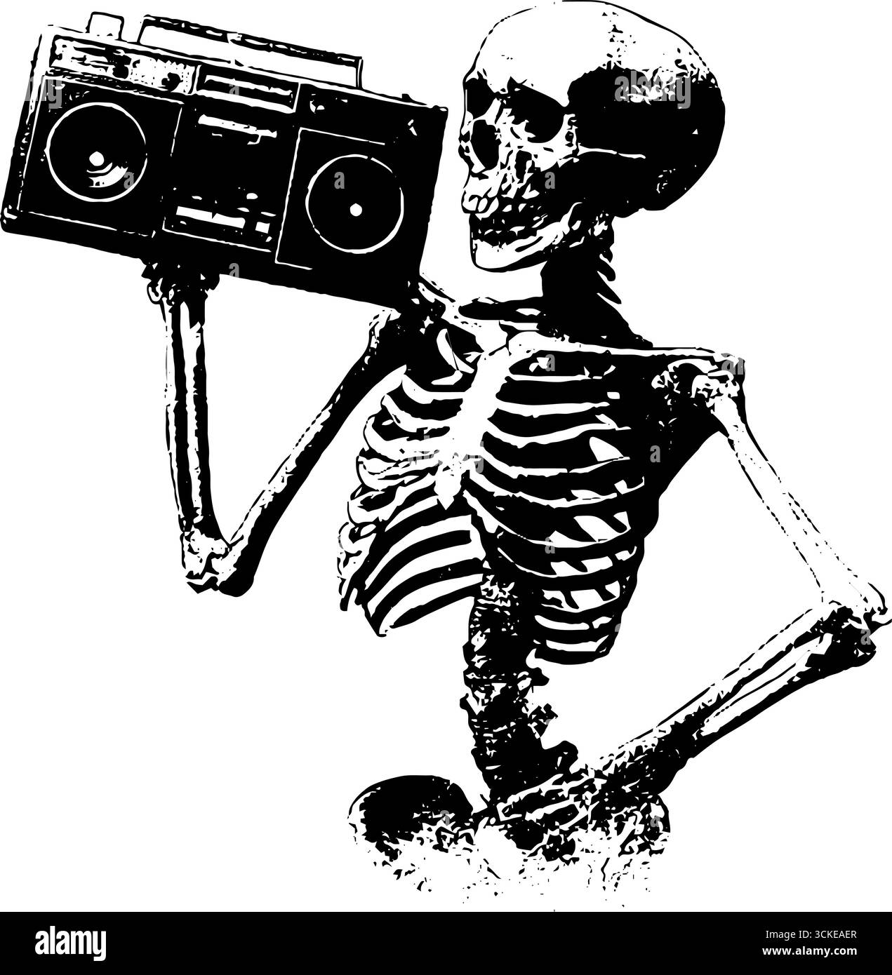 Grunge black and white skeleton with boombox - urban ink design for ...