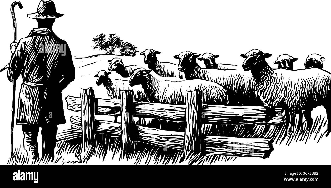Vintage shepherd with crook and flock in pastoral scene Stock Vector ...