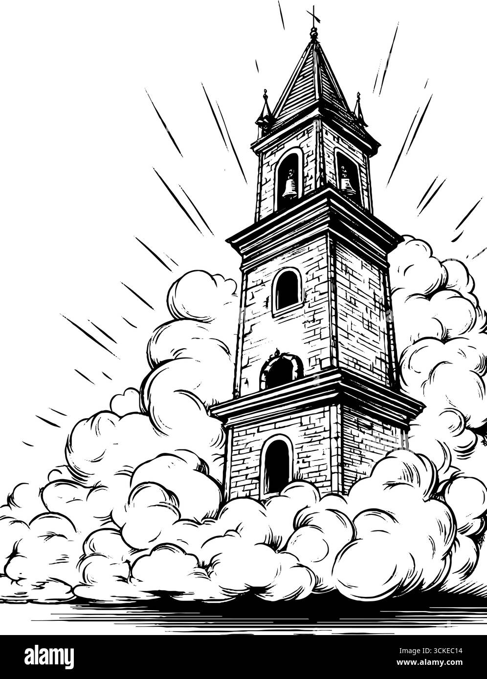 Vintage engraved illustration of bell tower surrounded by clouds for ...
