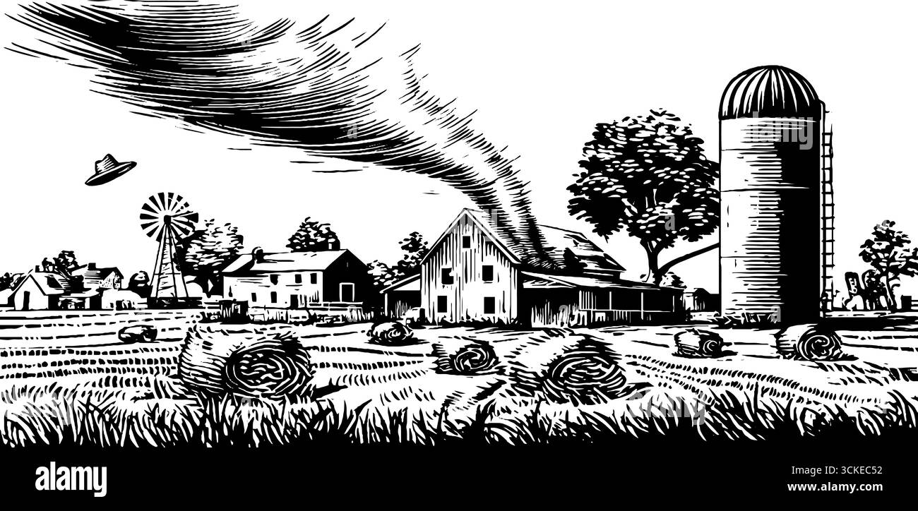 Vintage tornado scene with farm landscape and funnel cloud engraving ...