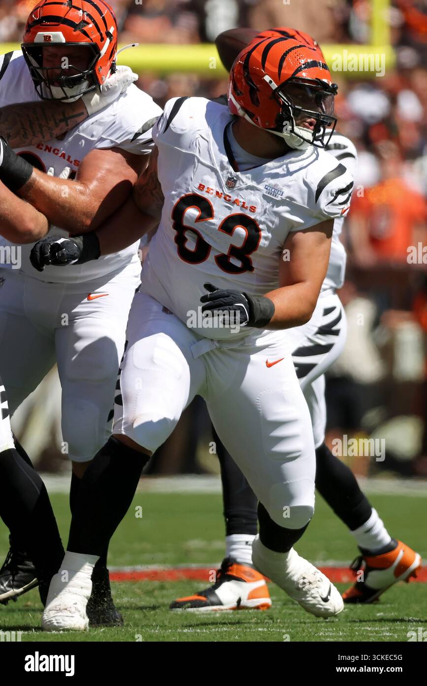 Cincinnati Bengals guard Dylan Fairchild (63) looks to make a block ...