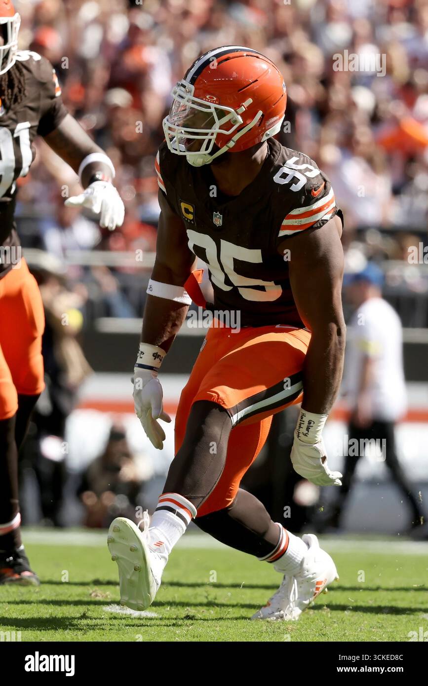 Cleveland Browns defensive end Myles Garrett (95) reacts after making a ...