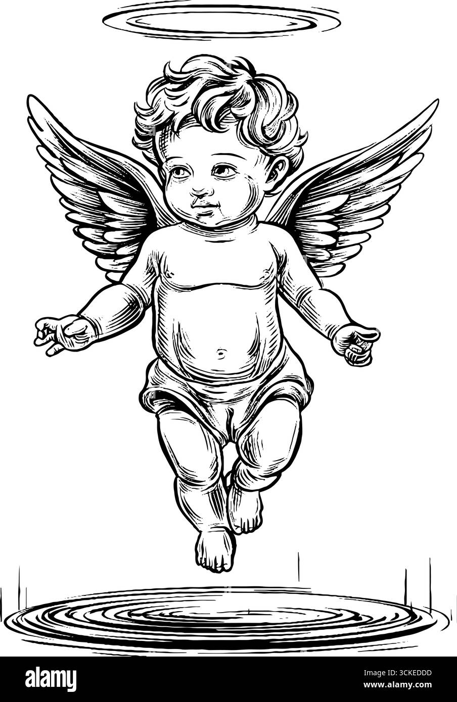 Vintage engraved illustration of cherub with wings for retro design and ...