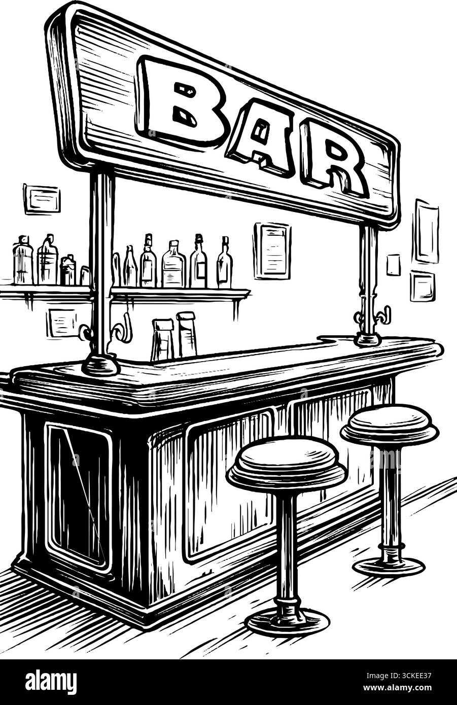 Vintage bar counter sketch with engraved details for retro design and ...