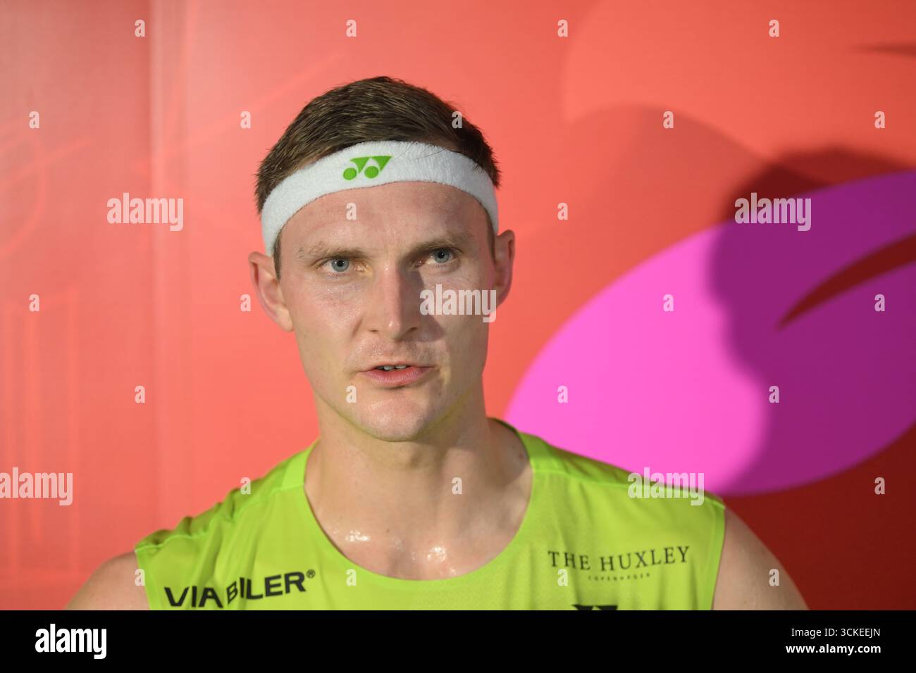 Viktor Axelsen, a Denmark badminton player meet the media after the ...