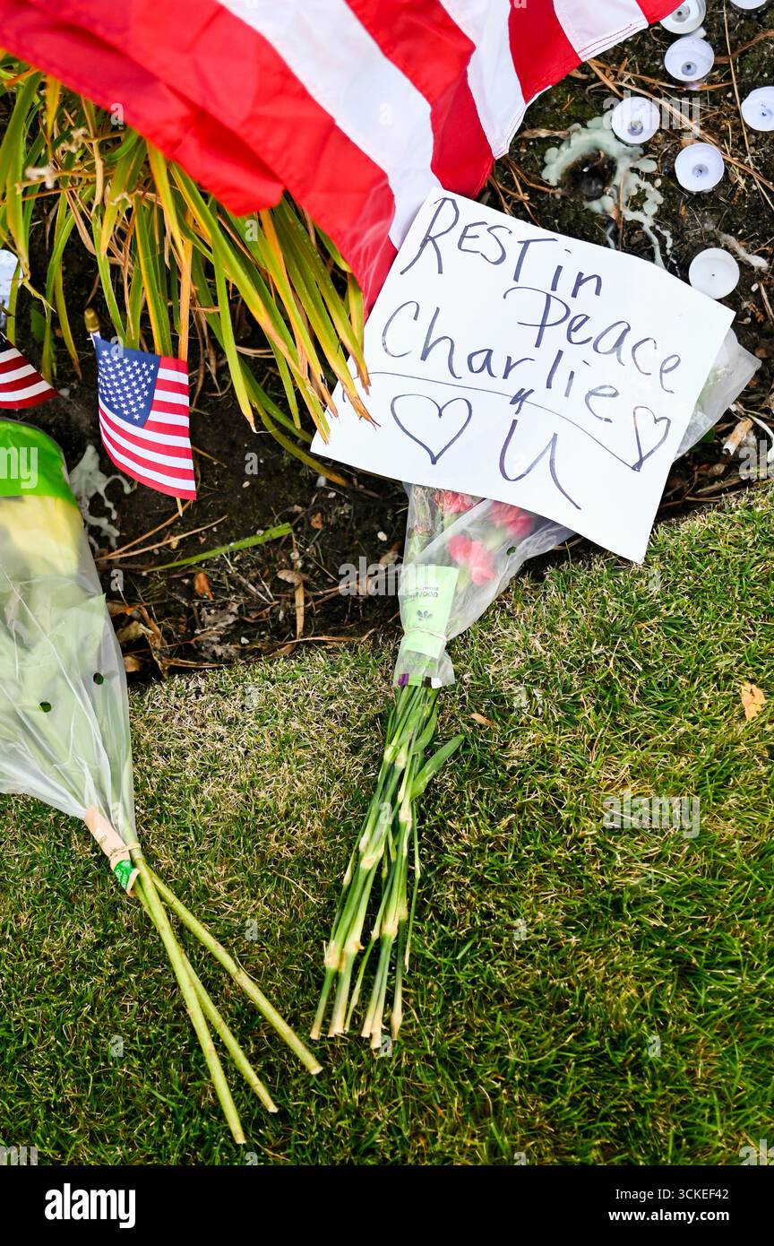 Flowers are placed at a memorial for Charlie Kirk, the CEO and co ...