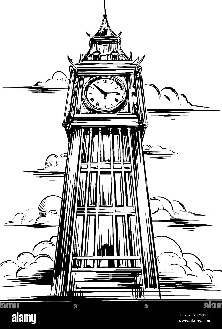 Vintage clock tower sketch with clouds for retro design projects Stock ...