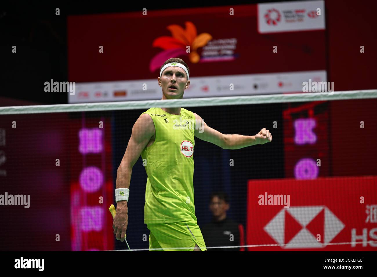 Viktor Axelsen, a Denmark badminton player during the match of Hong ...