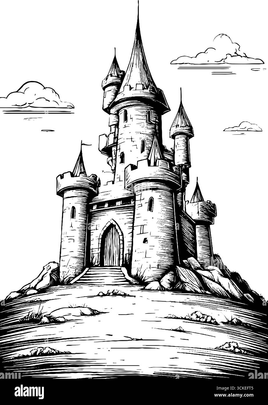 Enchanting medieval castle engraved illustration with black bold lines ...