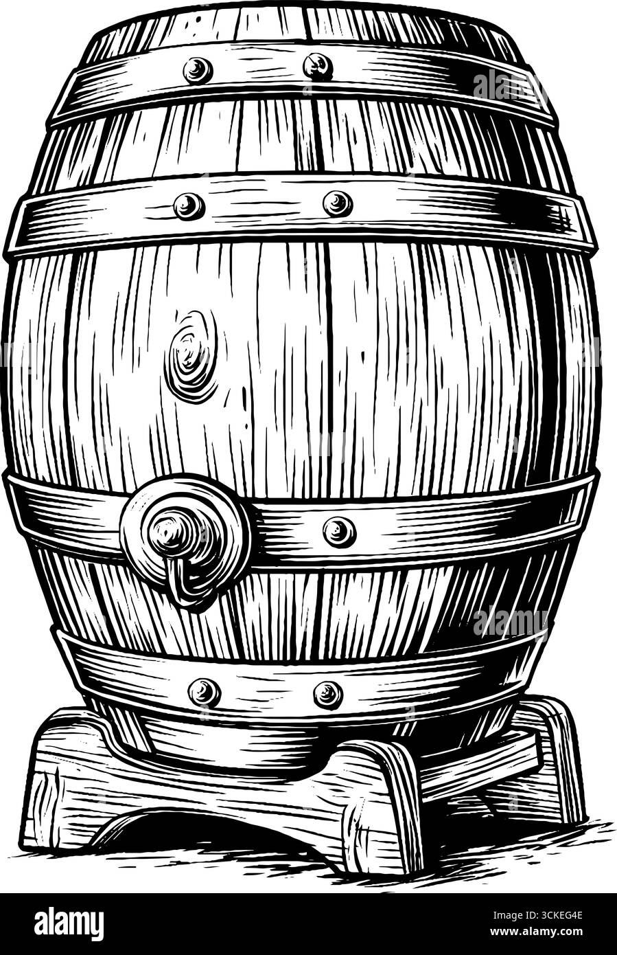Vintage engraved illustration of wooden cask with bold black lines for ...