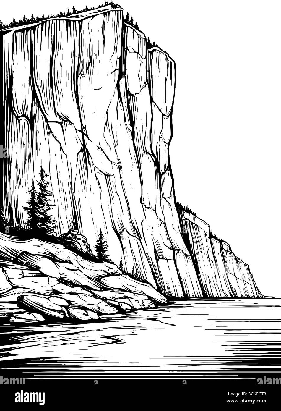 Engraved coastal cliff illustration featuring majestic seaside scenery ...