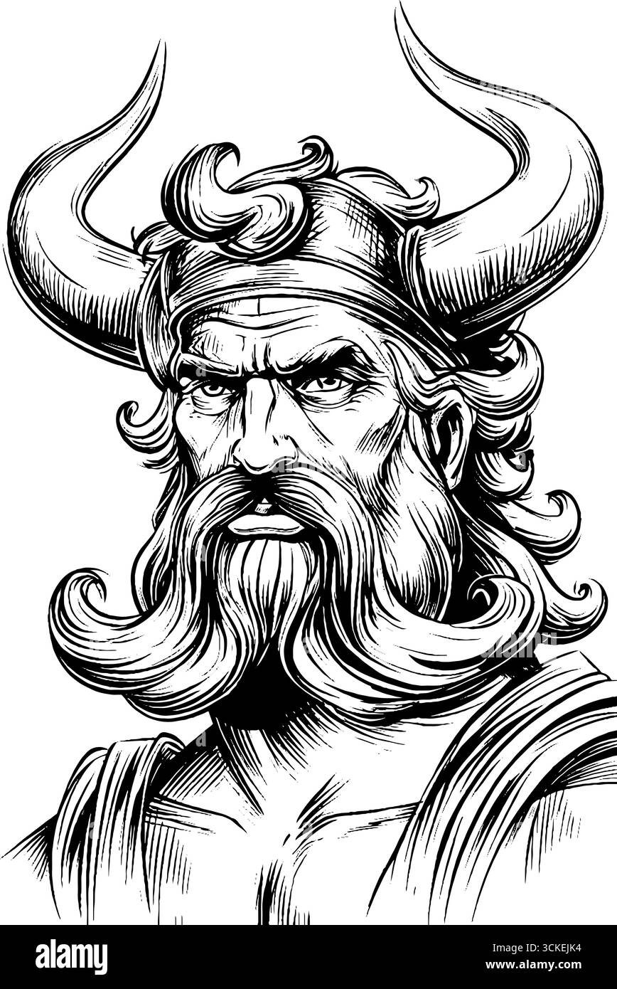 Mythical norse god loki in engraved illustration with bold black lines ...