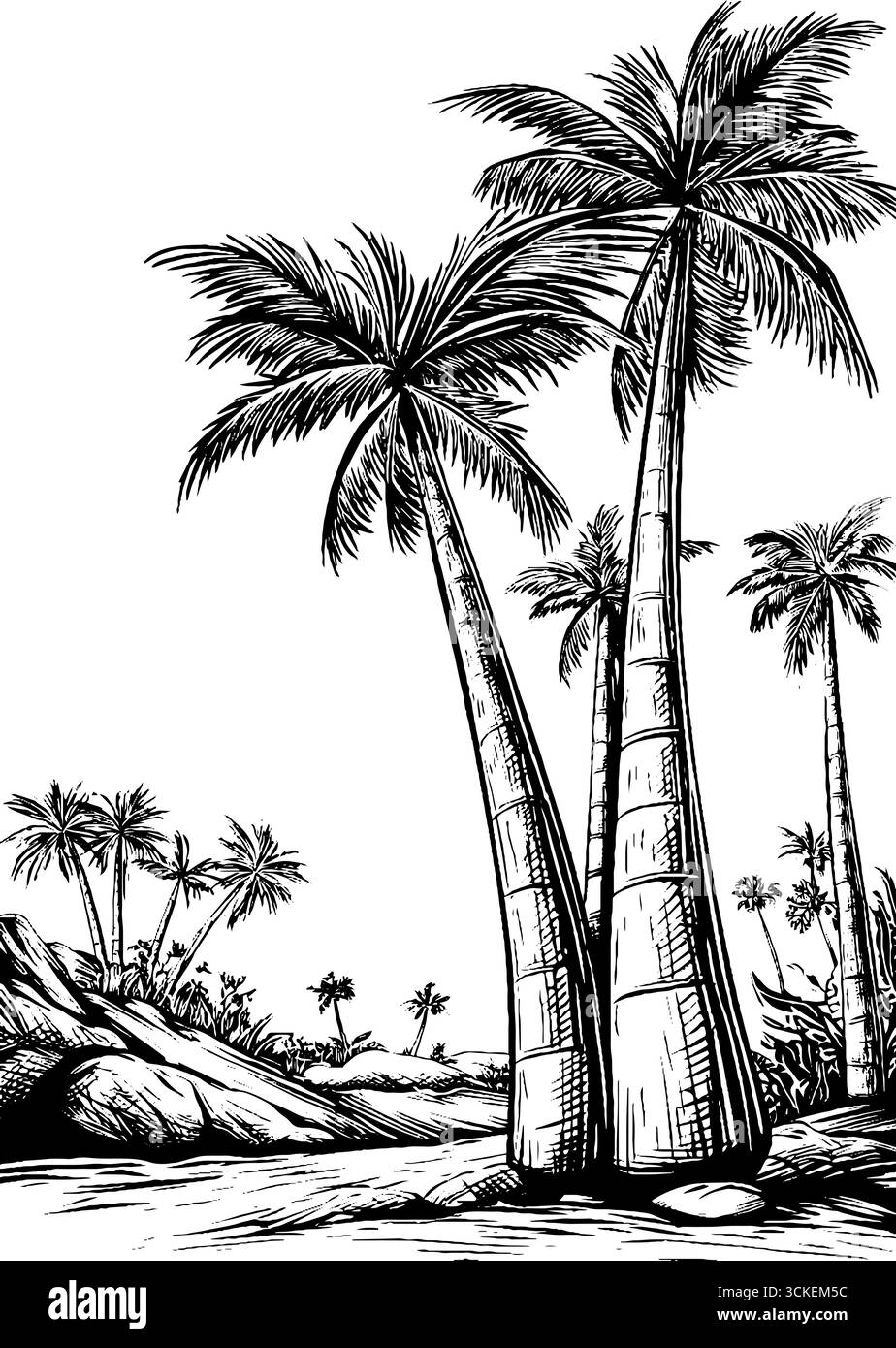 Hand drawn jungle landscape with tall palm trees in black bold lines ...