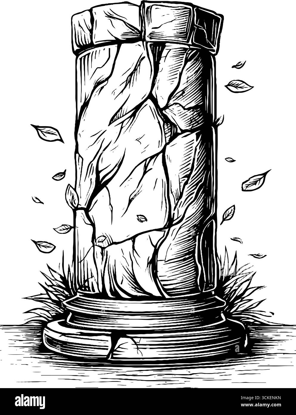 Engraved stone pillar with falling leaves and grass elements - hand ...