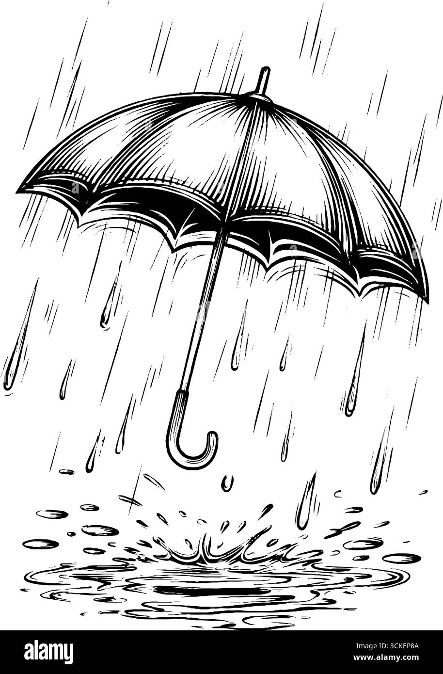 Vintage engraved illustration of rain with umbrella - design for print ...