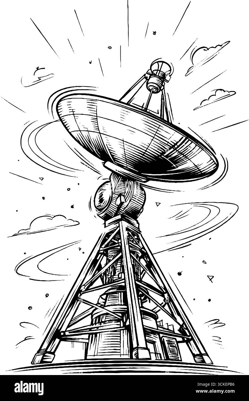 Vintage Engraving Of Radio Telescope In Black And White For Scientific