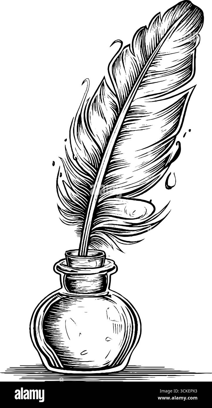 Vintage engraved illustration of quill pen and ink bottle for retro ...