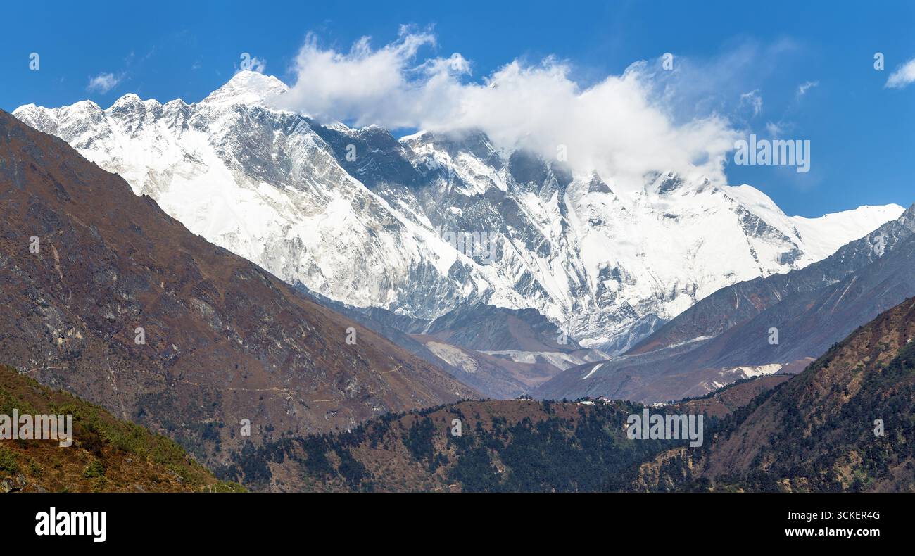 Mount Everest, Lhotse peak and Mt Nuptse south rock face in the middle ...