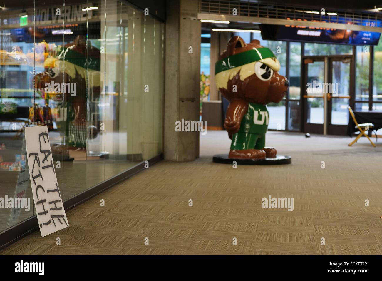 A sign is left behind in the lobby inside the Pope Science building a ...