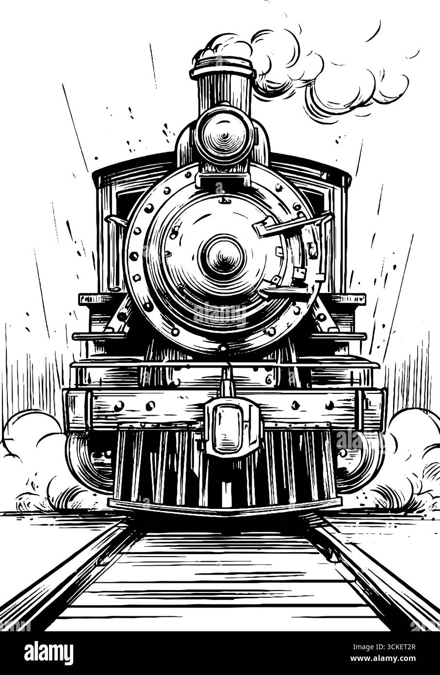 Vintage engraved illustration of steam locomotive front view design for ...