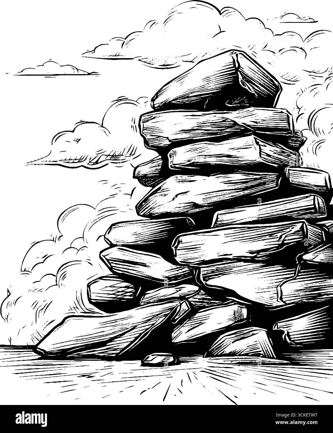 Vintage engraving of stacked stone wall with clouds - rustic design for ...