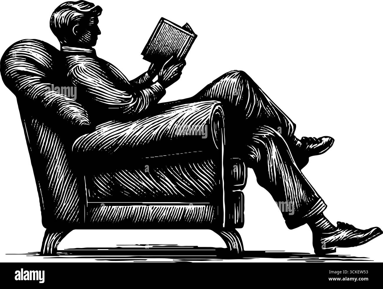 Vintage engraved illustration of a person reading a book in an armchair ...