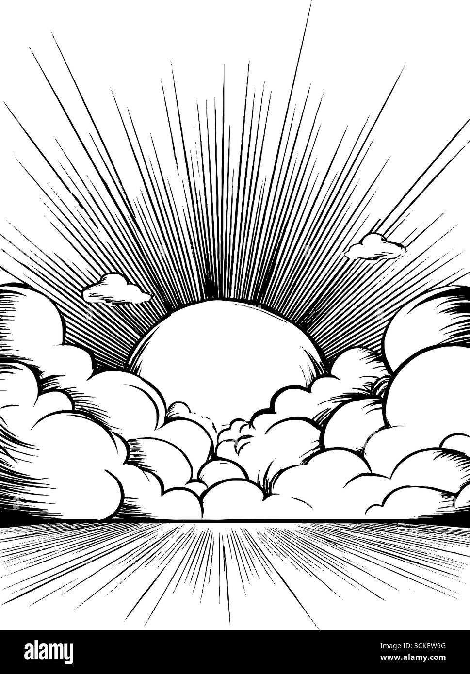 Engraved illustration of a sunset scene over the horizon with clouds ...