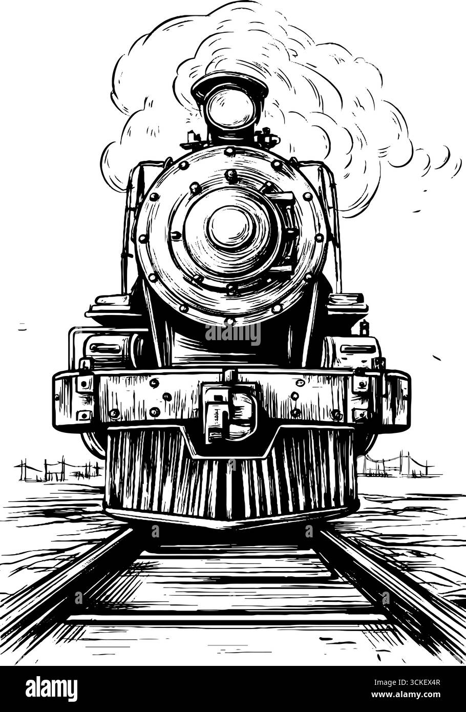 Vintage engraved illustration of steam locomotive front - retro design ...