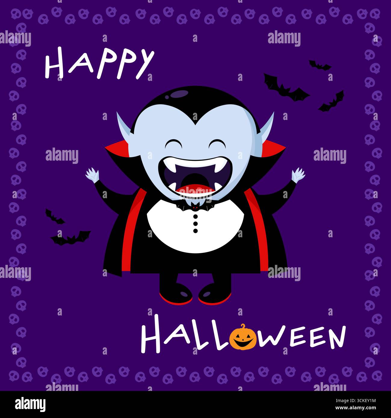 Halloween greeting card with cartoon laughing Dracula vampire and bats ...