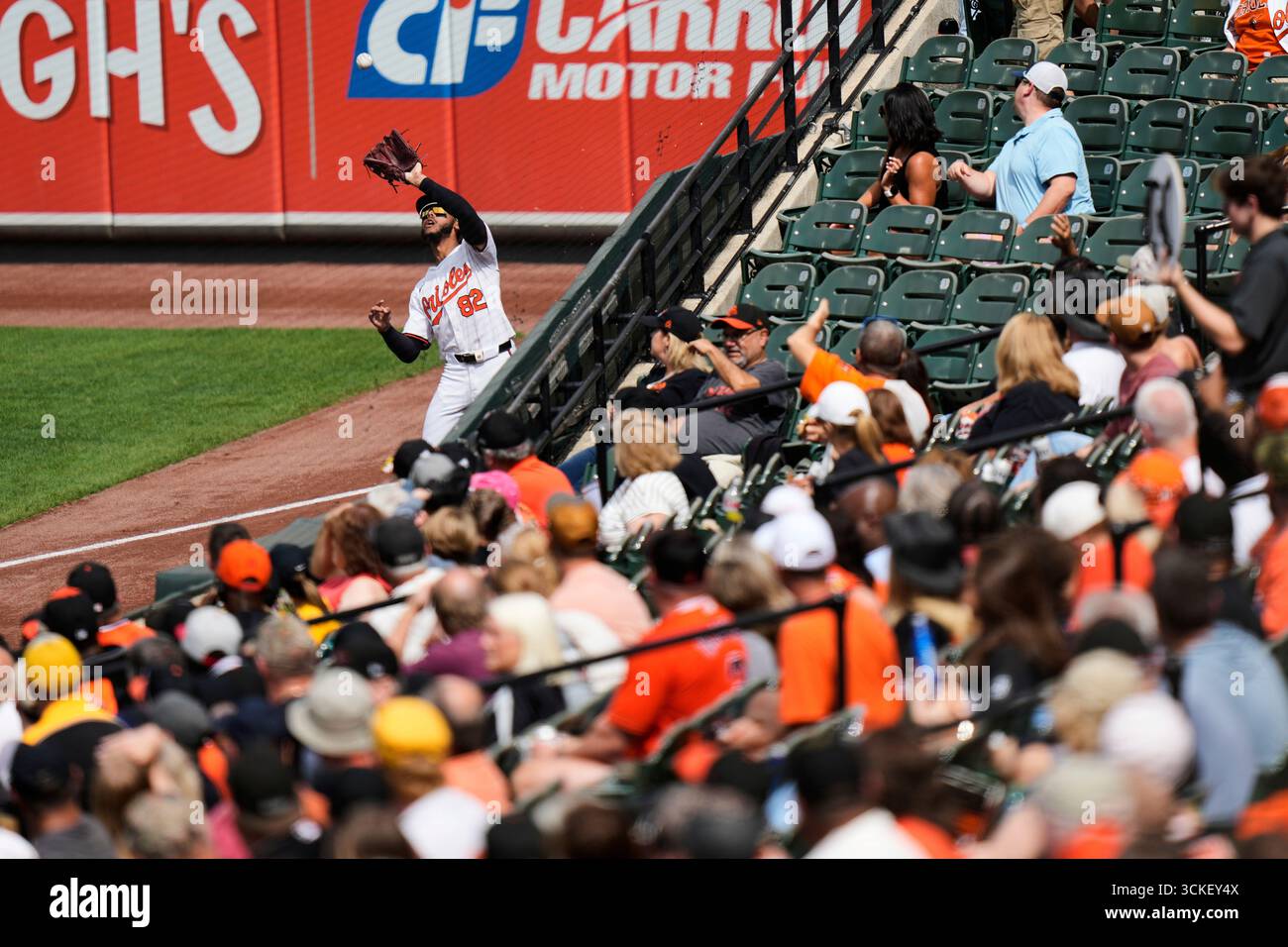 Baltimore Orioles right fielder Jeremiah Jackson (82) catches a foul ...