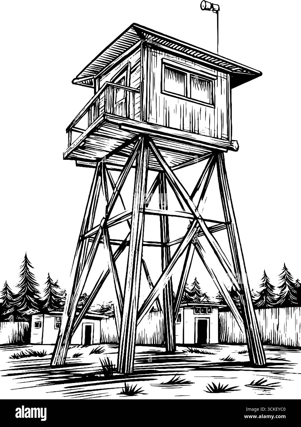 Rustic watchtower engraving with forest surroundings for vintage design ...