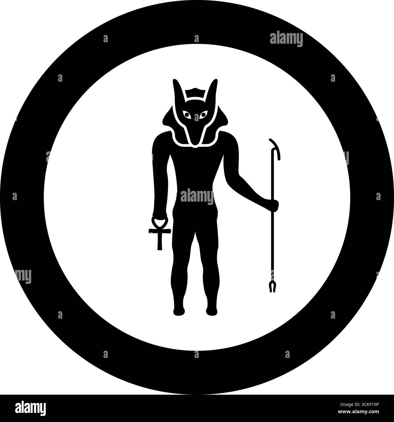 Anubis deity with jackal head ancient Egyptian god holds staff and anch ...