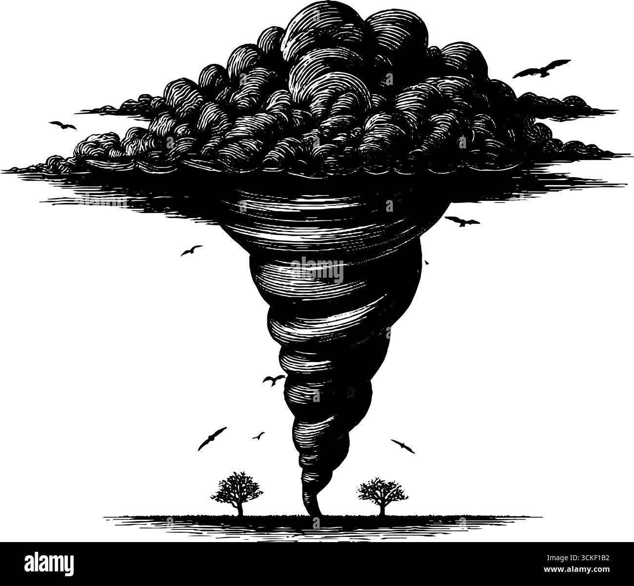 Dramatic tornado scene in vintage hand-drawn engraving style for ...