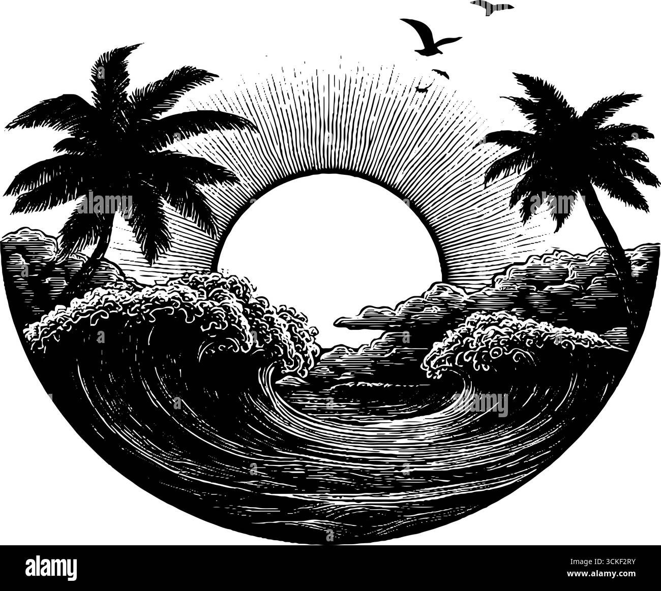 Hand-drawn engraving of tropical sunset with waves and palm trees Stock ...
