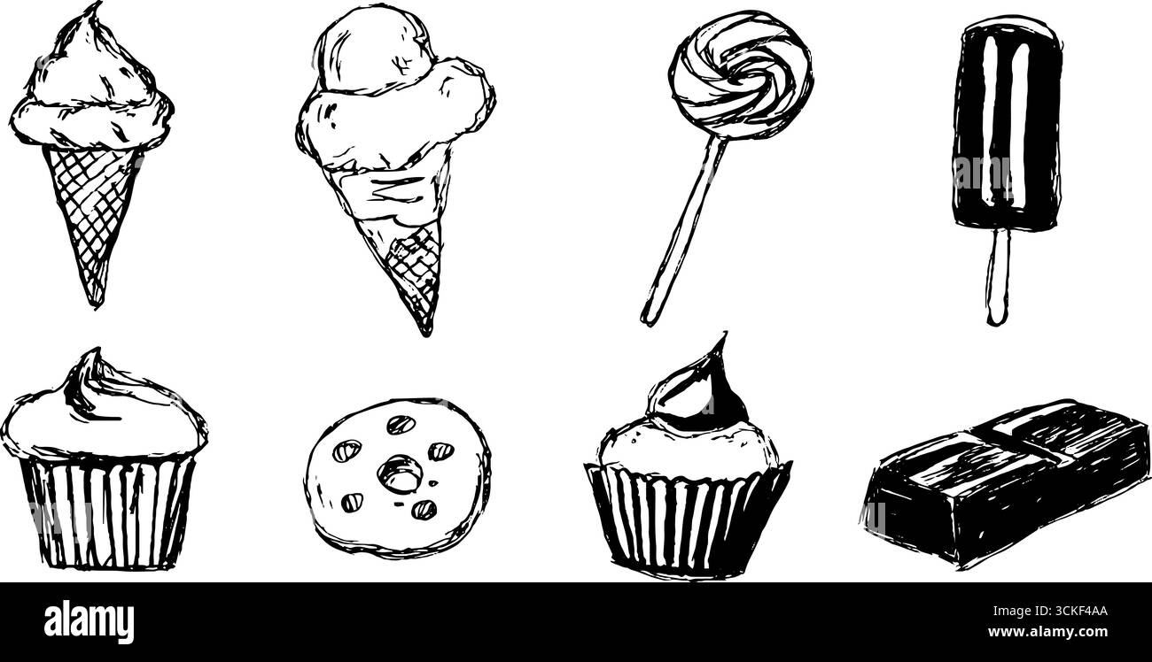 Hand-drawn ice cream and sweets collection with sketchy textures for ...