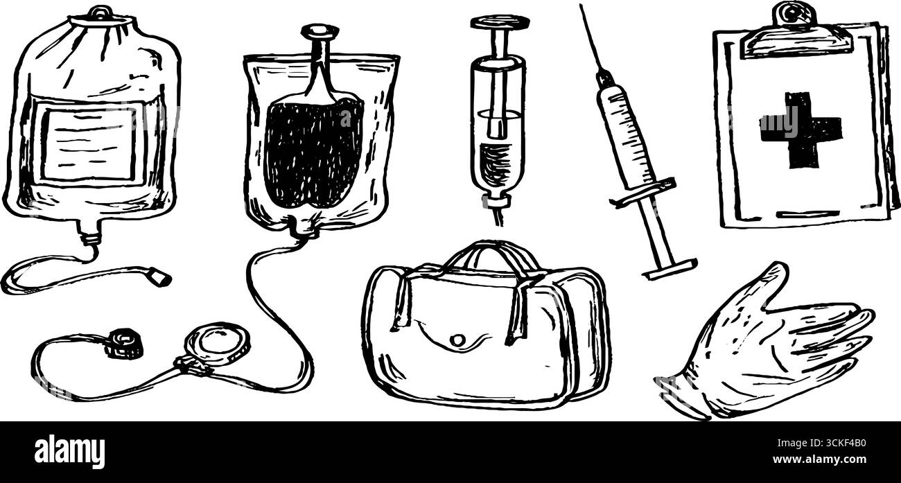Medical equipment sketch set with blood bags and syringes for ...