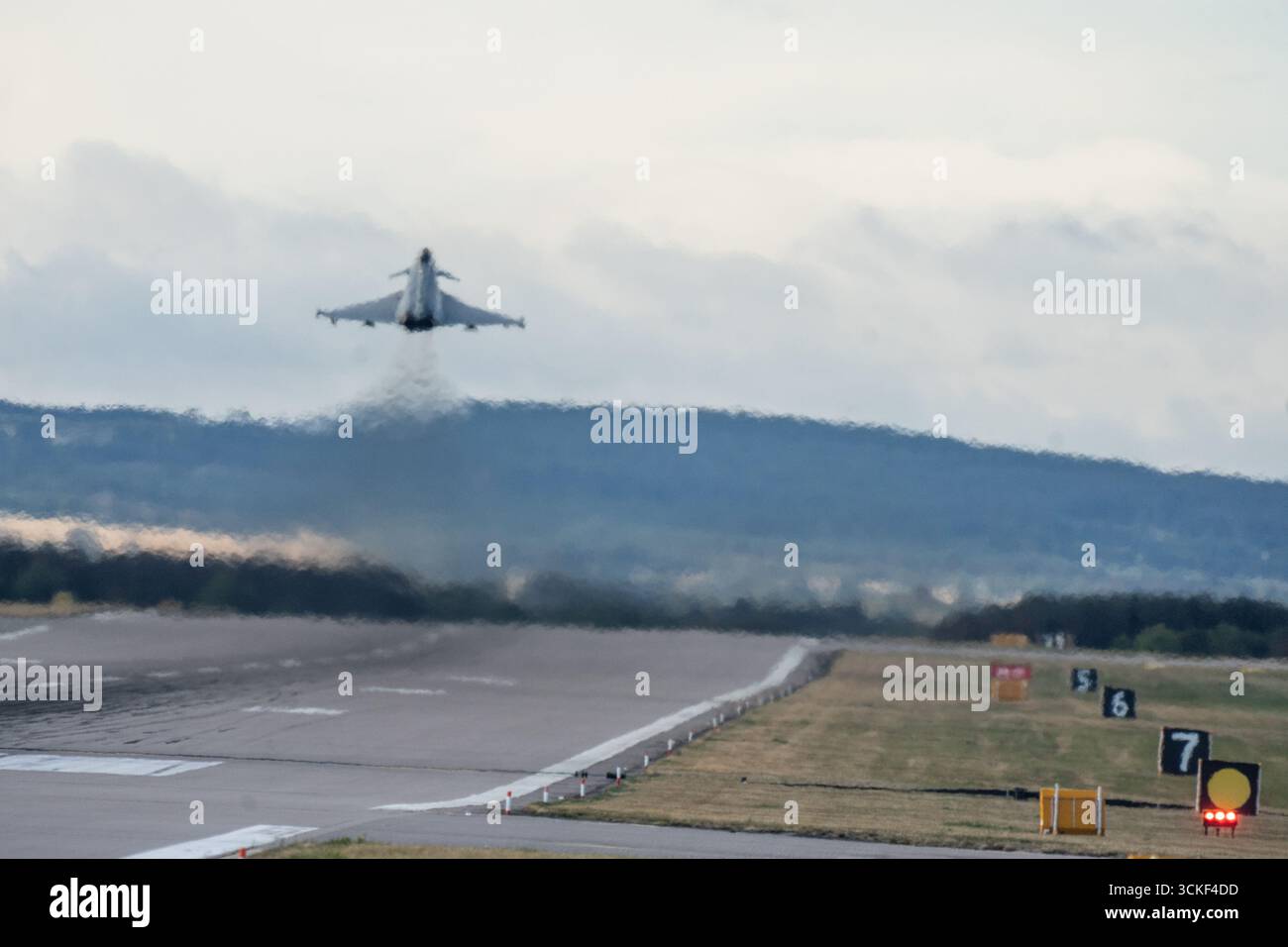 Lossiemouth, Moray, UK. 11th Sep 2025. Typhoon fighter jets take off as ...