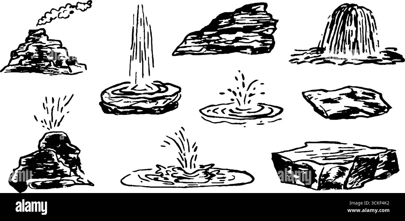 Black and white sketch illustration collection of geysers and natural ...